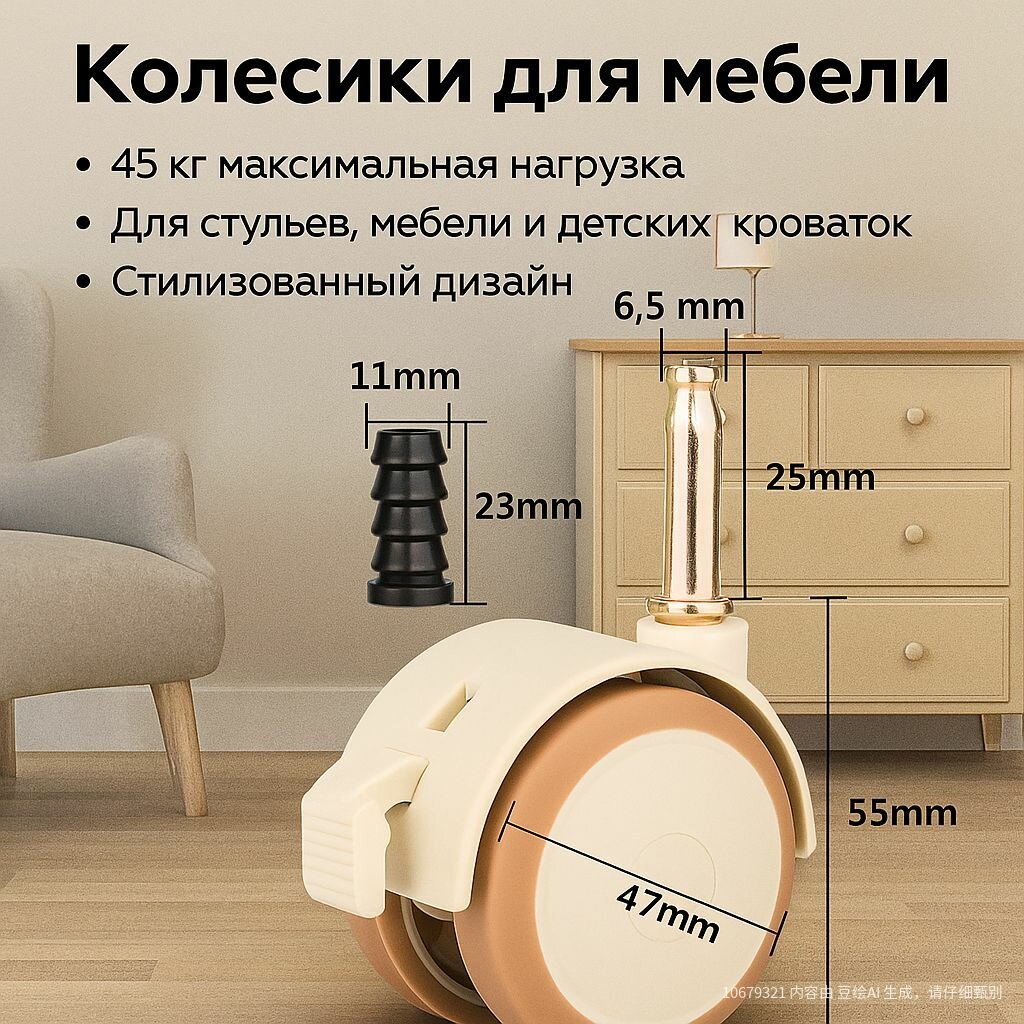 Колесо для детской кроватки поворотное с тормозом — бесшумные мебельные колеса для люльки и детских качелей на пол