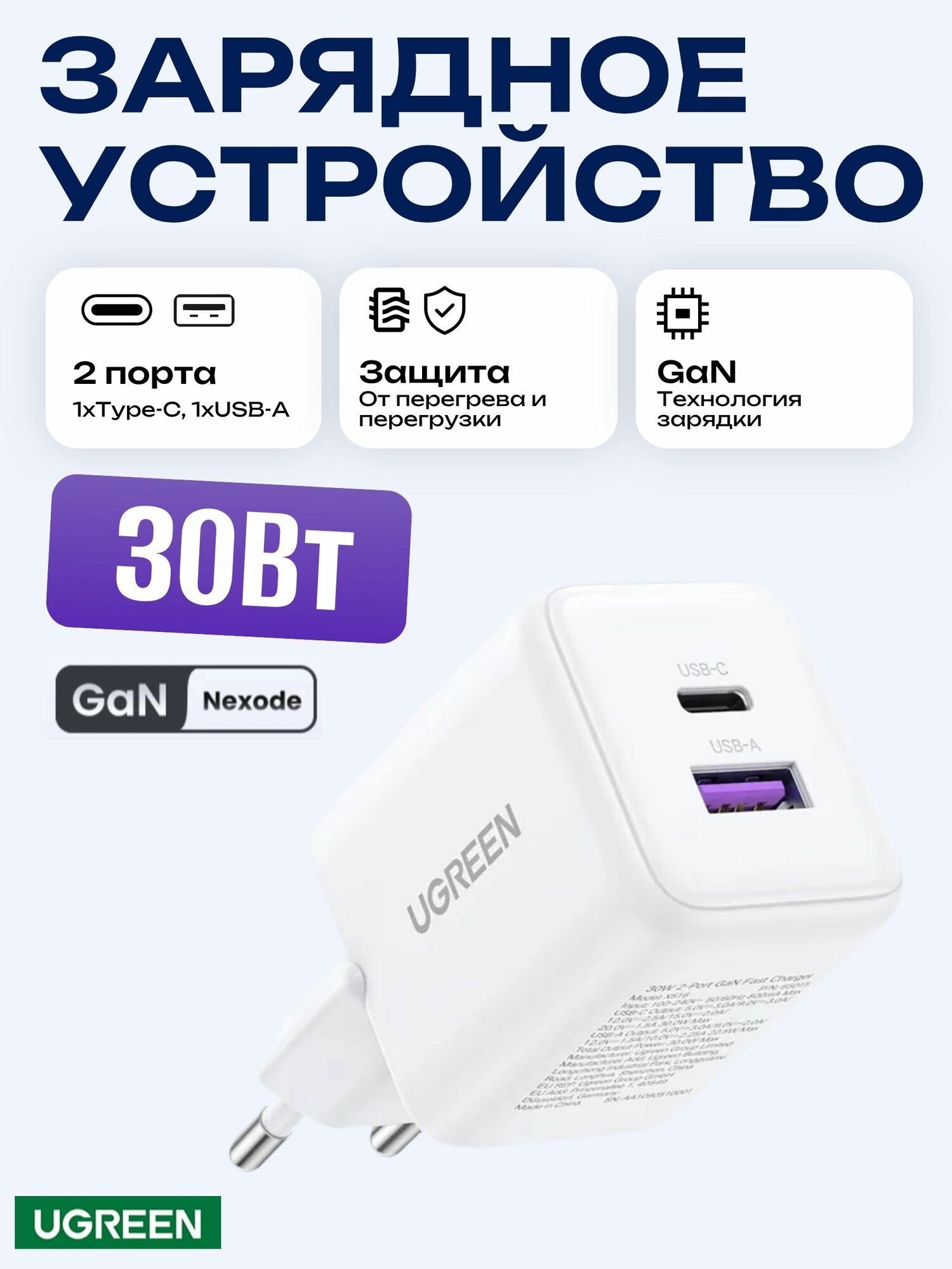 Сетевое зарядное устройство 30Вт UGREEN X516 (65015) Fast Charger с технологией GaN, белый