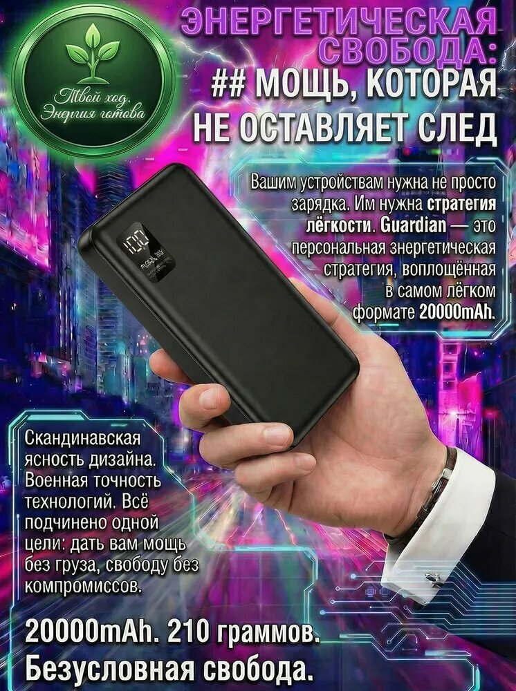 Power Bank Guardian 20000 мАч Быстрая зарядка 22.5W PD Двойная зарядка, 3 порта Защита Intelli-Pro