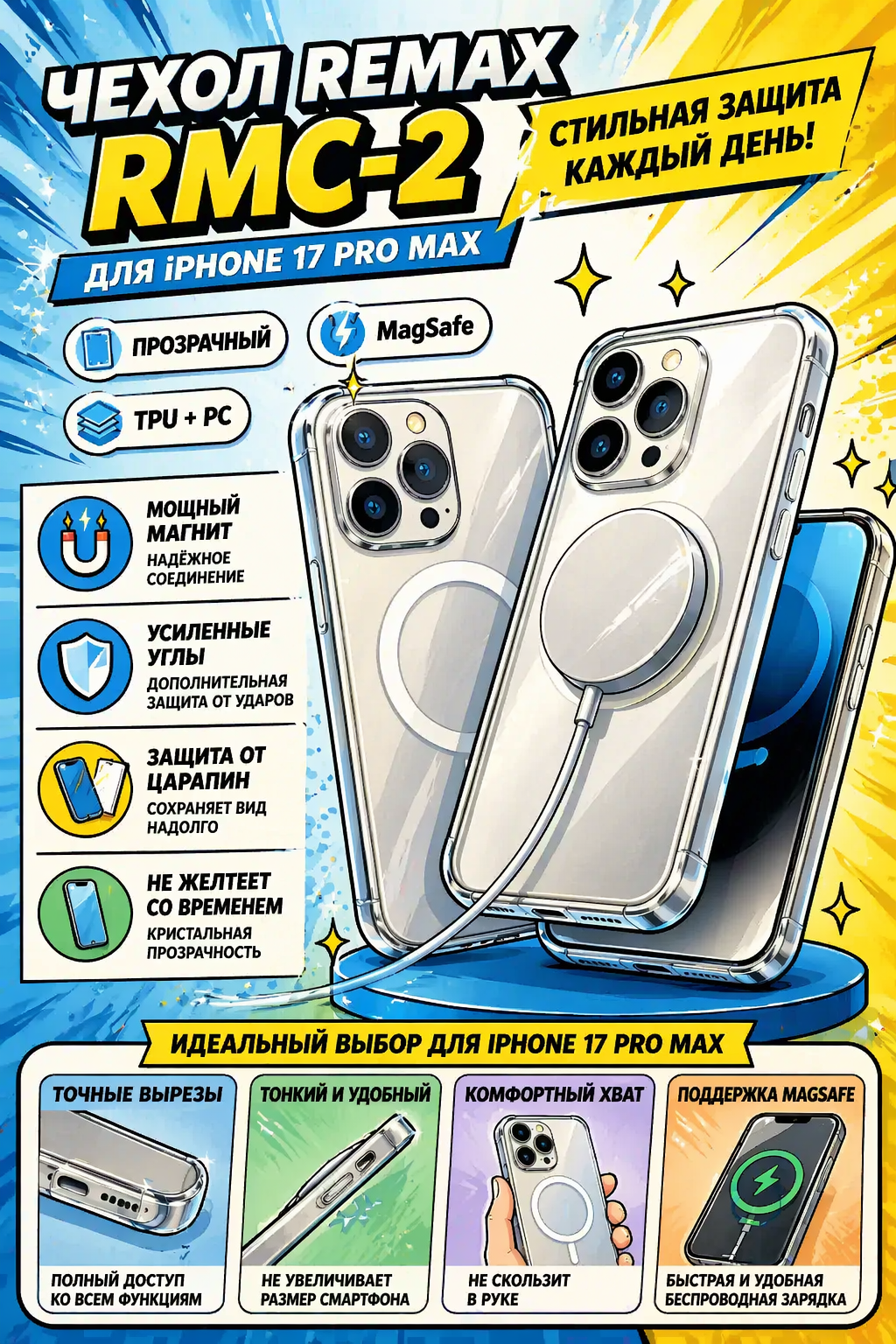 Чехол магнитный Remax RMC-2 для iPhone 17 Pro Max прозрачный с поддержкой MagSafe TPU + PC