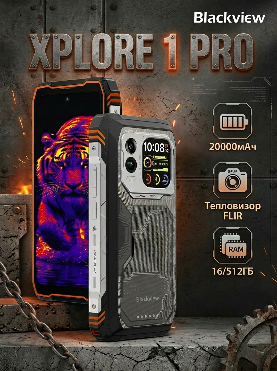Защищенный смартфон Blackview XPLORE 1 Pro 16/512Гб Orange, 20000мАч, Тепловизор, Фонарь, Два экрана,120Гц, Гарантия год