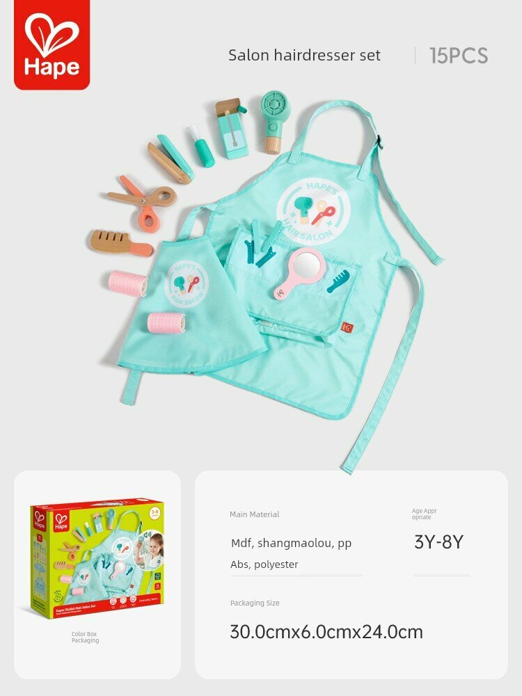 Hape Детский парикмахерский набор с деревянной расческой, фартуком и игрушками для ролевой игры для 3+ лет — обучающая