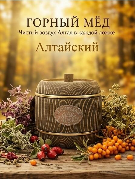 Мёд горный алтайский 1 кг в деревянном бочонке натуральный, без нагрева