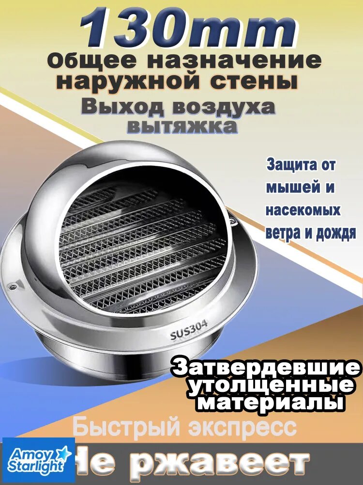 Вентиляционное отверстие, Стенной выход с решеткой и сеткой, 125 мм, из нержавеющей стали 304