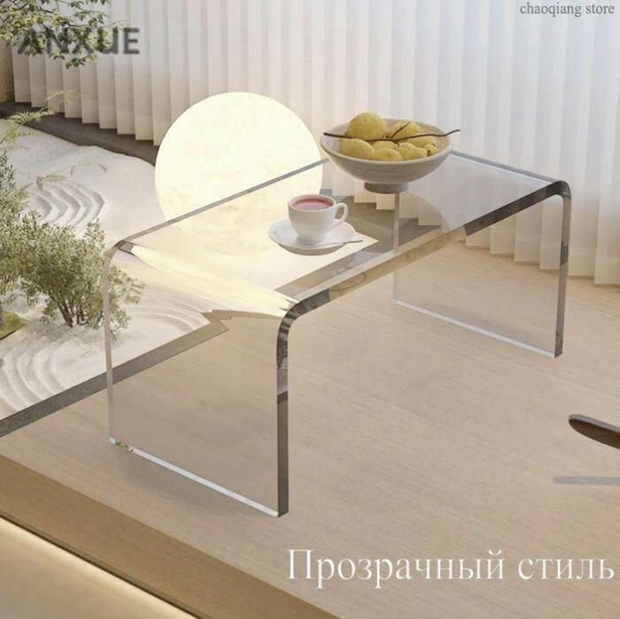 Акриловый лёгкий приставной столик 60х30х30 см — прозрачный, волнообразный, серый или белый для гостиной и спальни