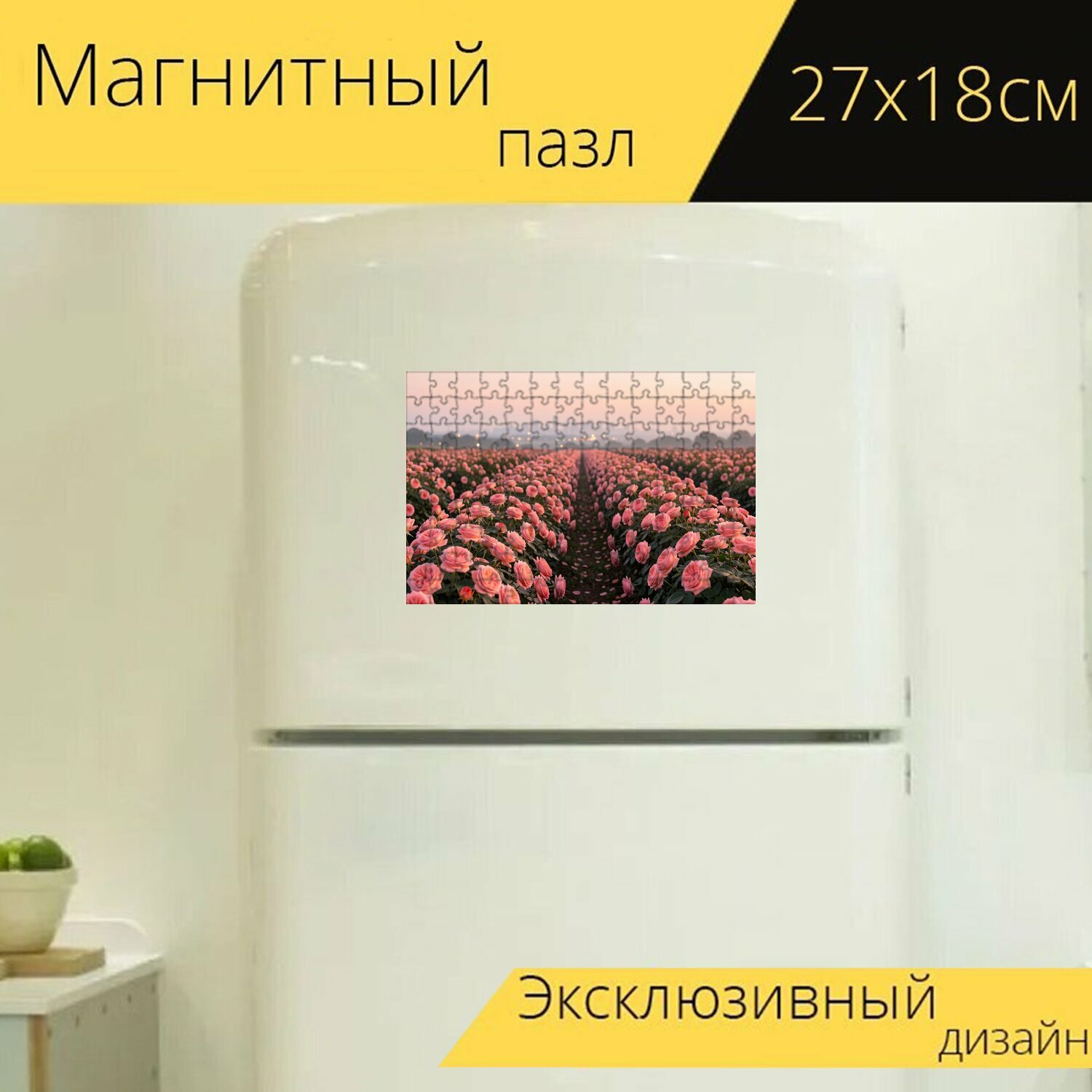 Магнитный пазл "Поля розовых цветов на закате. Бескрайний цветочный ландшафт с нежными бутонами в розово-персиковых тонах, уходящими к горизонту. Мягкий." на холодильник 27 x 18 см.