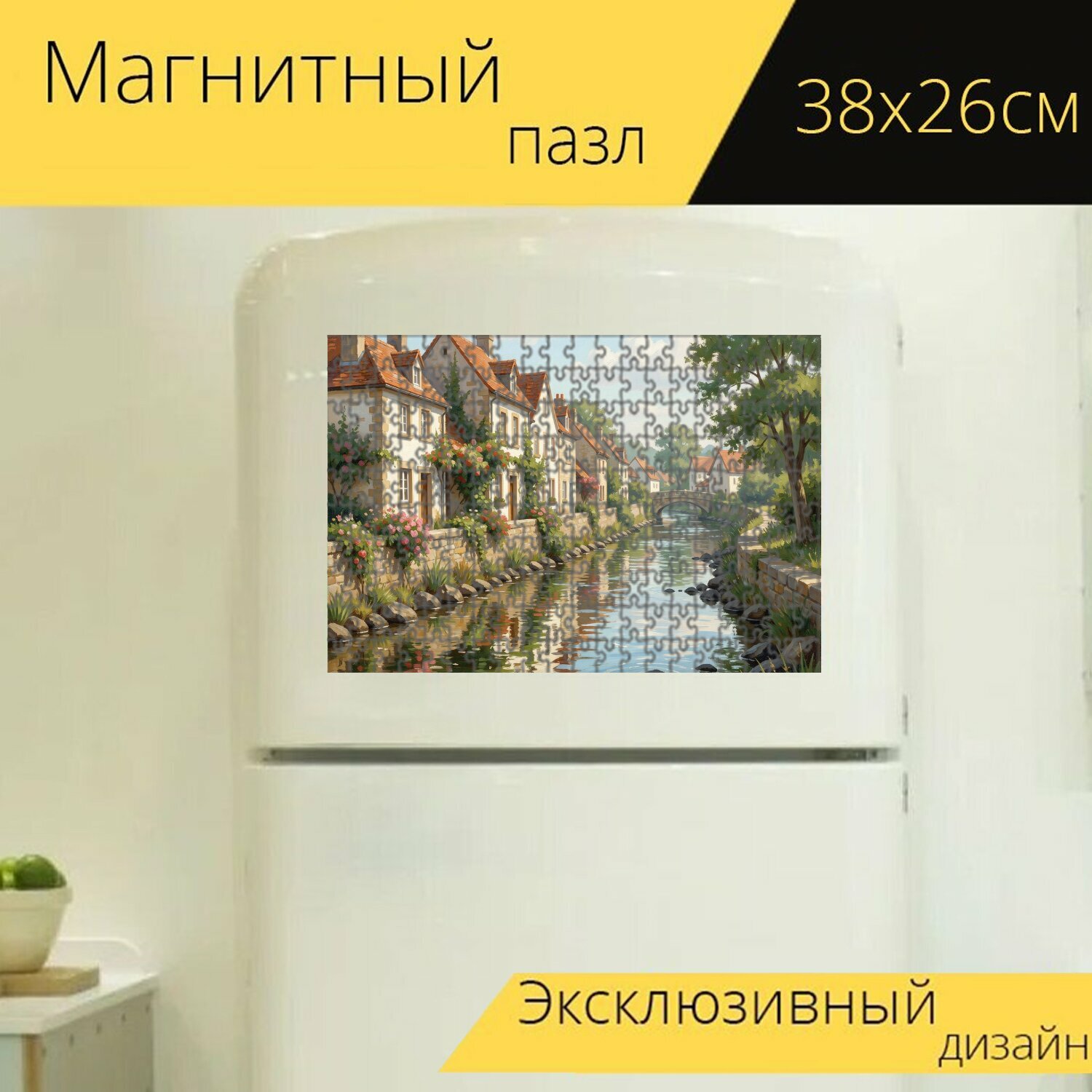 Магнитный пазл "Уютная деревня у канала. Живописная европейская улочка вдоль спокойной воды, каменные дома с красными крышами и цветущими кустами, мостик." для интерьера, 38х26 см.