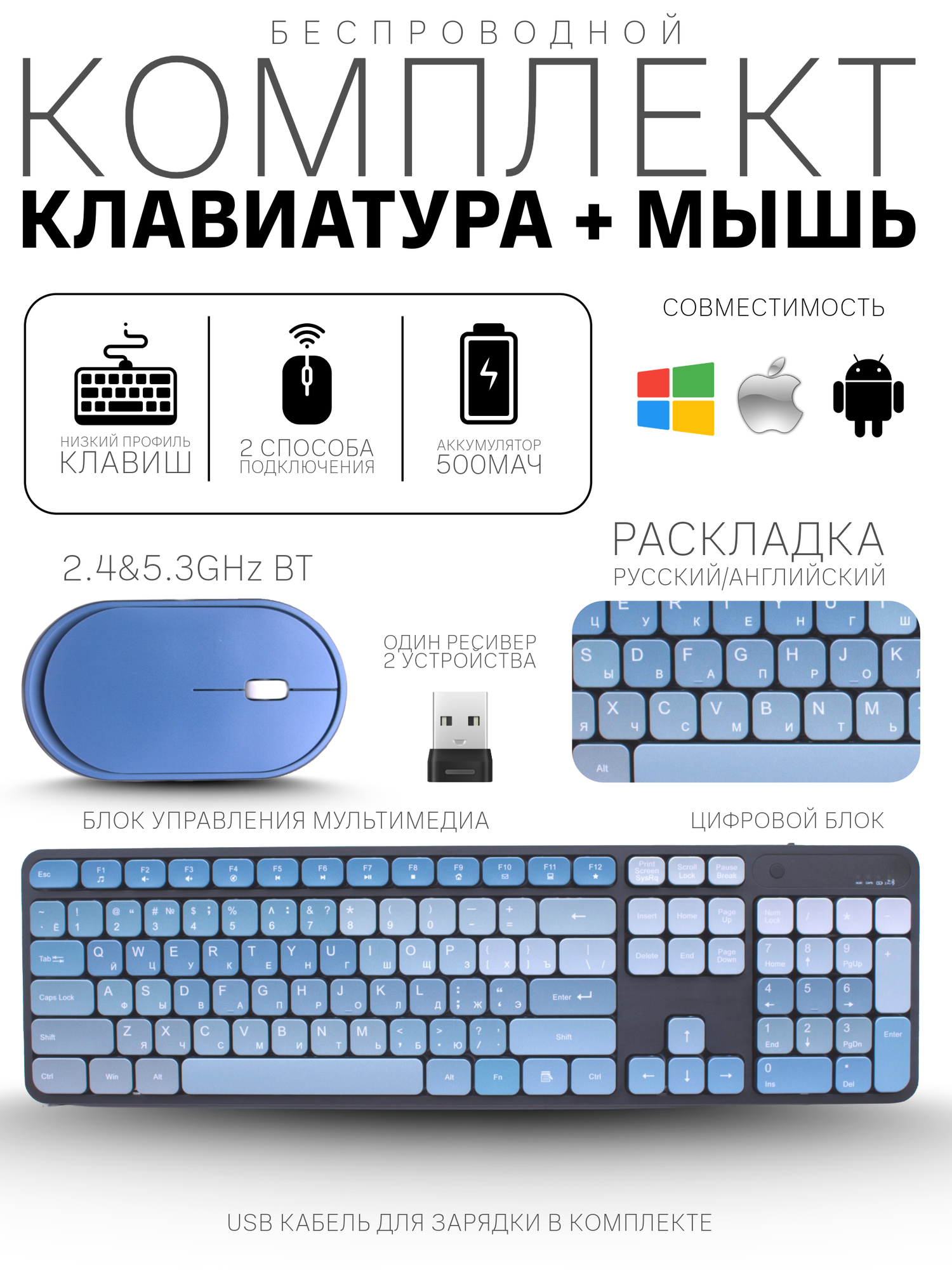 Беспроводной набор, клавиатура и мышь, русская раскладка, синяя