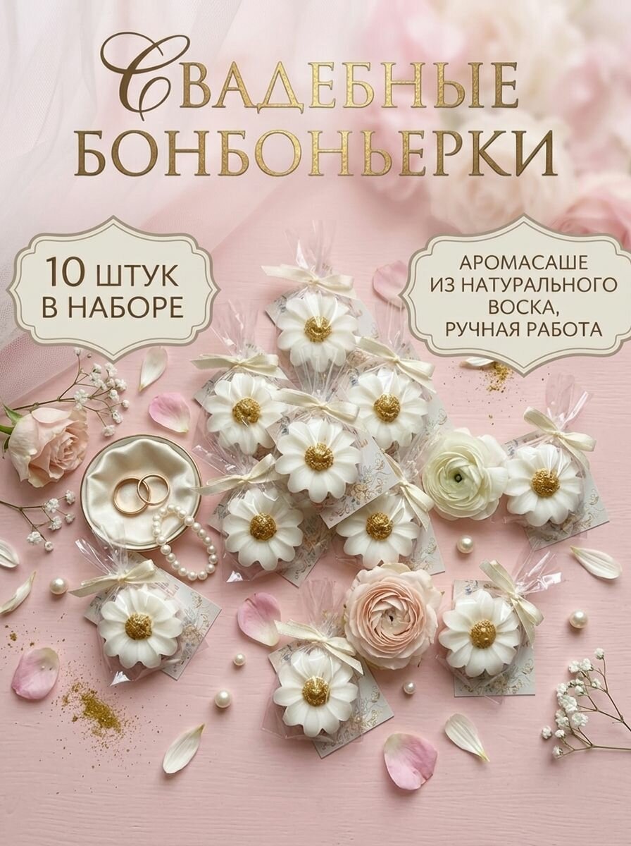 Бонбоньерки "Ромашки", натуральный воск, для свадебных торжеств, комплект 10 шт