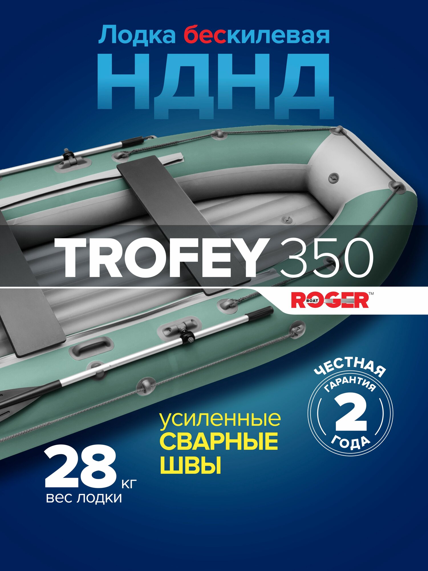 Лодка ПВХ под мотор НДНД ROGER Trofey 350, лодка надувная для рыбалки роджер (зеленый серый)