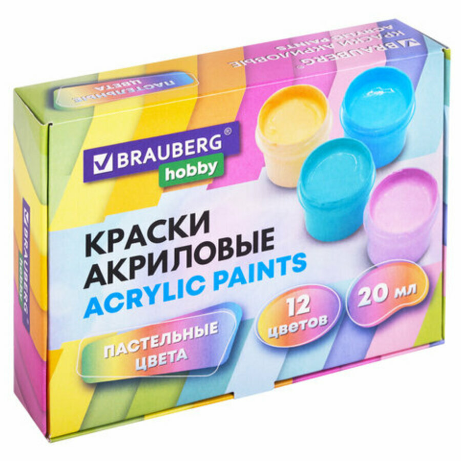 Краски акриловые 12цв 20мл банка карт. уп. пастельные BRAUBERG 192440
