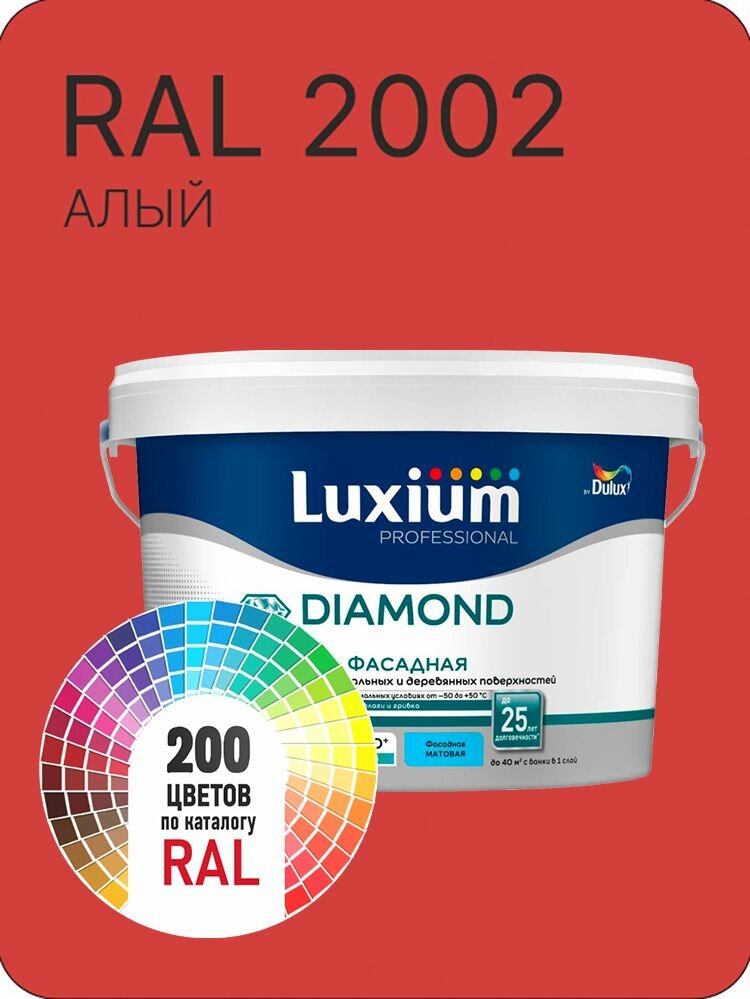 Краска для минеральных и деревянных фасадов Dulux Diamond алый Ral 2002 9 л.