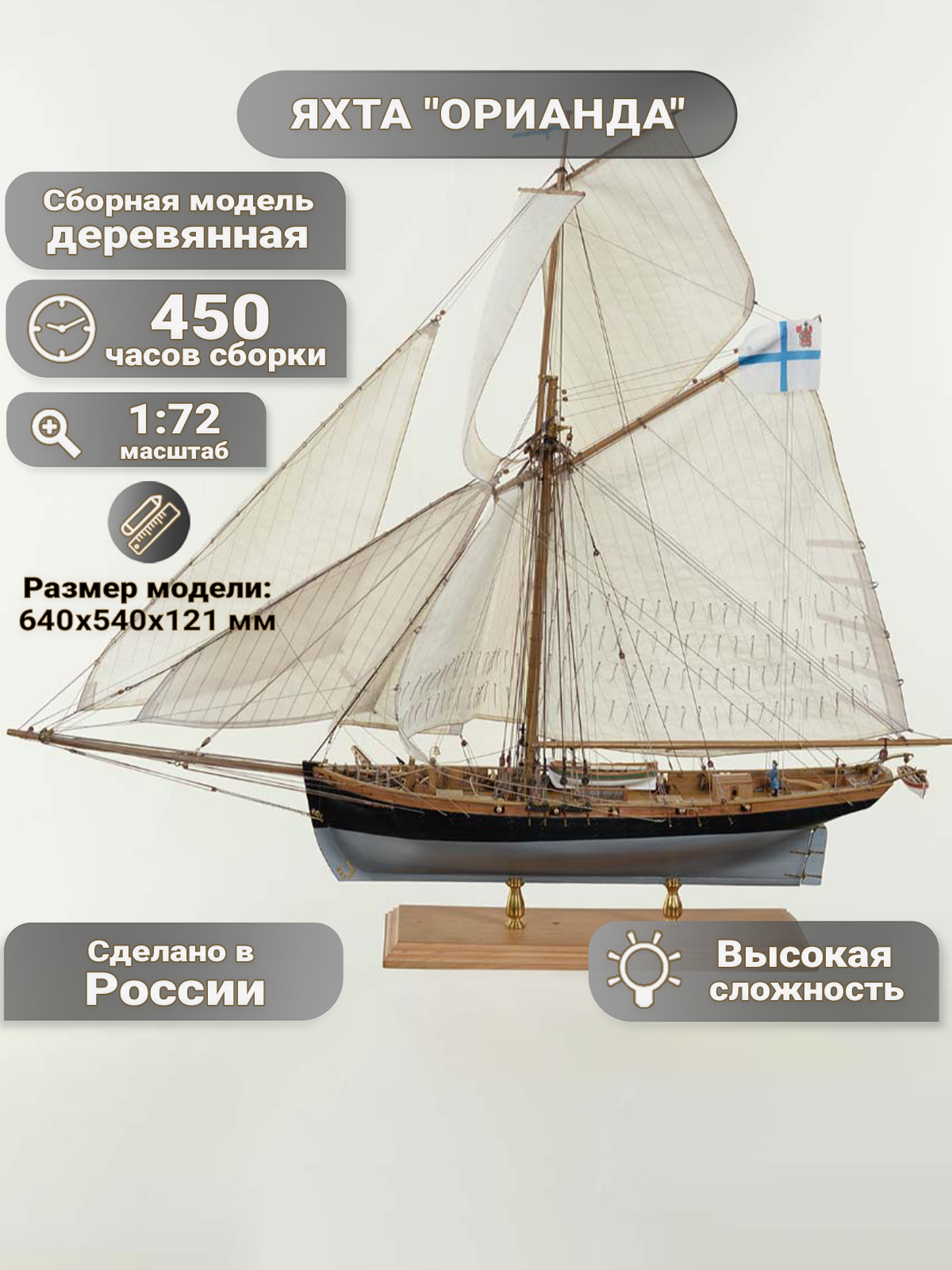 Адмиральская яхта "Орианда", сборная модель парусника, 450 часов, М.1:72, Россия