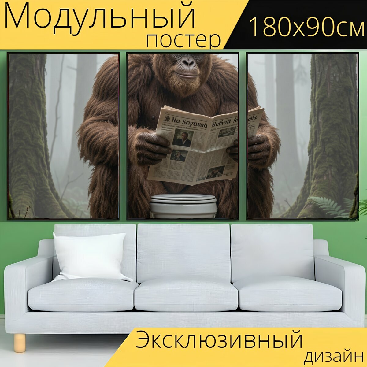 Модульный постер "Горилла читает газету в лесу. Реалистичный примат с прессой на унитазе среди туманной чащи, сюрреалистичная." 180 x 90 см. для интерьера на стену в тубусе