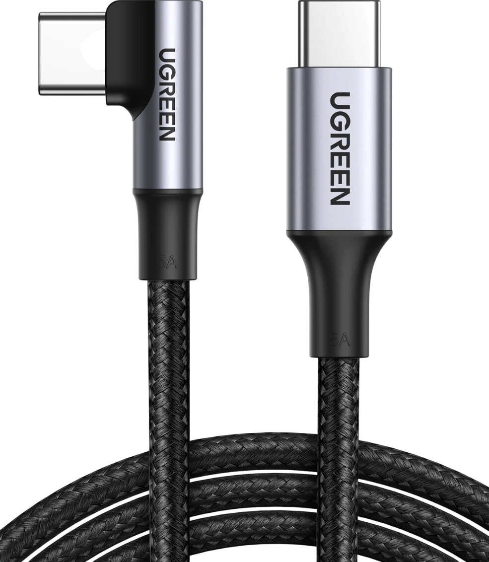 Кабель UGREEN US334 (70645) USB-C 2.0 Male To Angled 90 USB-C 2.0 Male 5A Data Cable. 2 м. черный