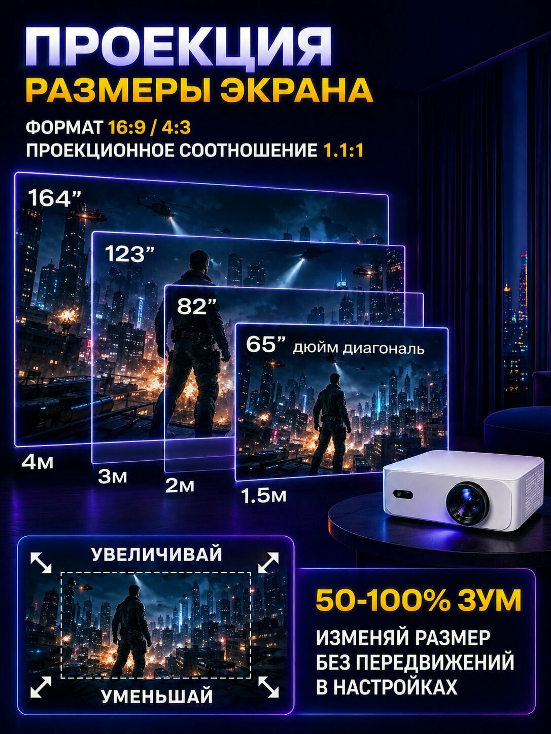 Смарт проектор для фильмов и игр ORIGATE 4К, со смарт ТВ, FullHD 60 Гц, беспроводная трансляция с телефона, Wi-Fi, Bluetooth, HDMI — фото 1