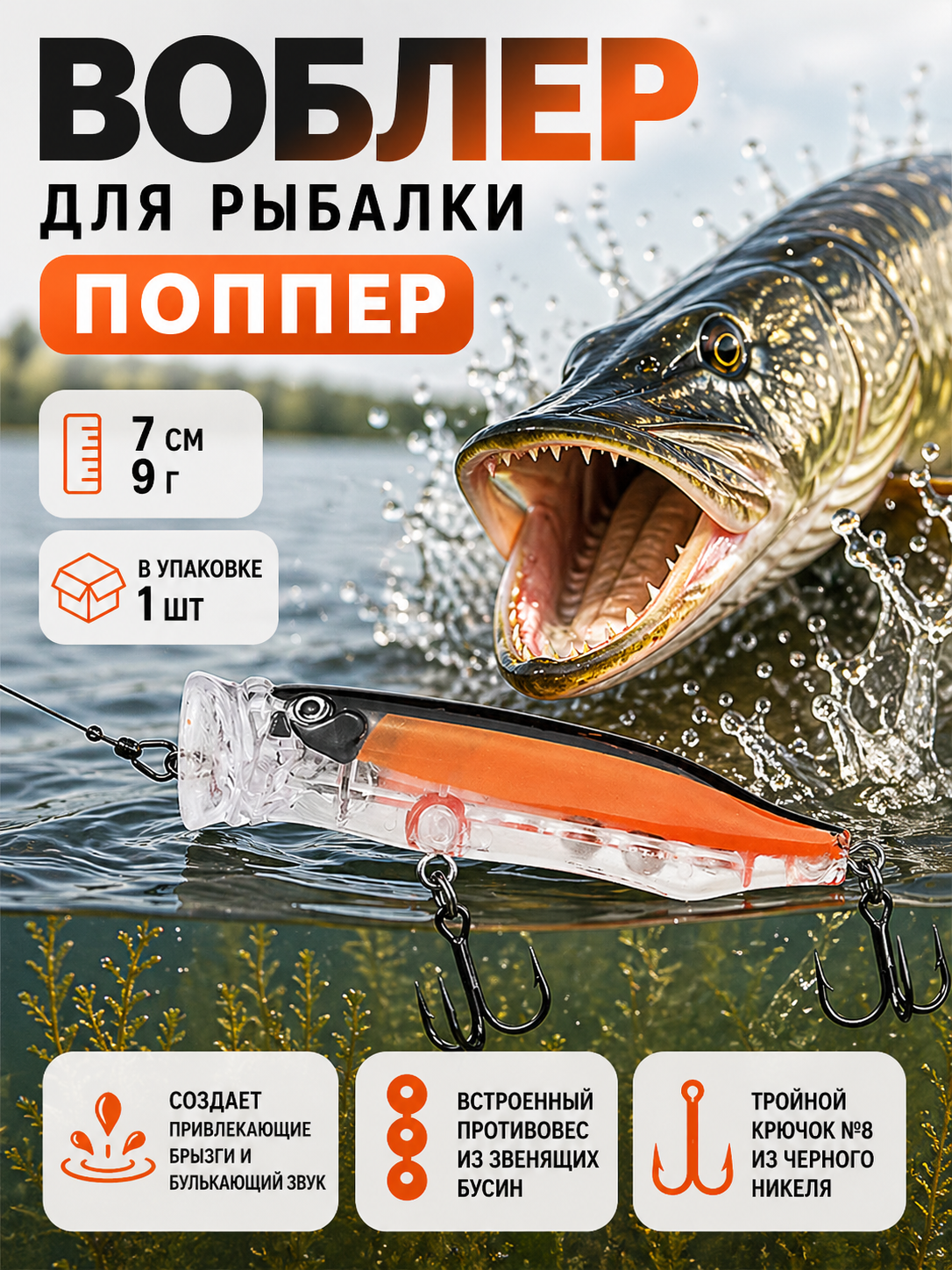 Рыболовный воблер поппер, прозрачная плавающая приманка Big Splash, для дальнего заброса с тройными крючками и погремушкой, 7 см/9 г, прозрачно-оранжевый