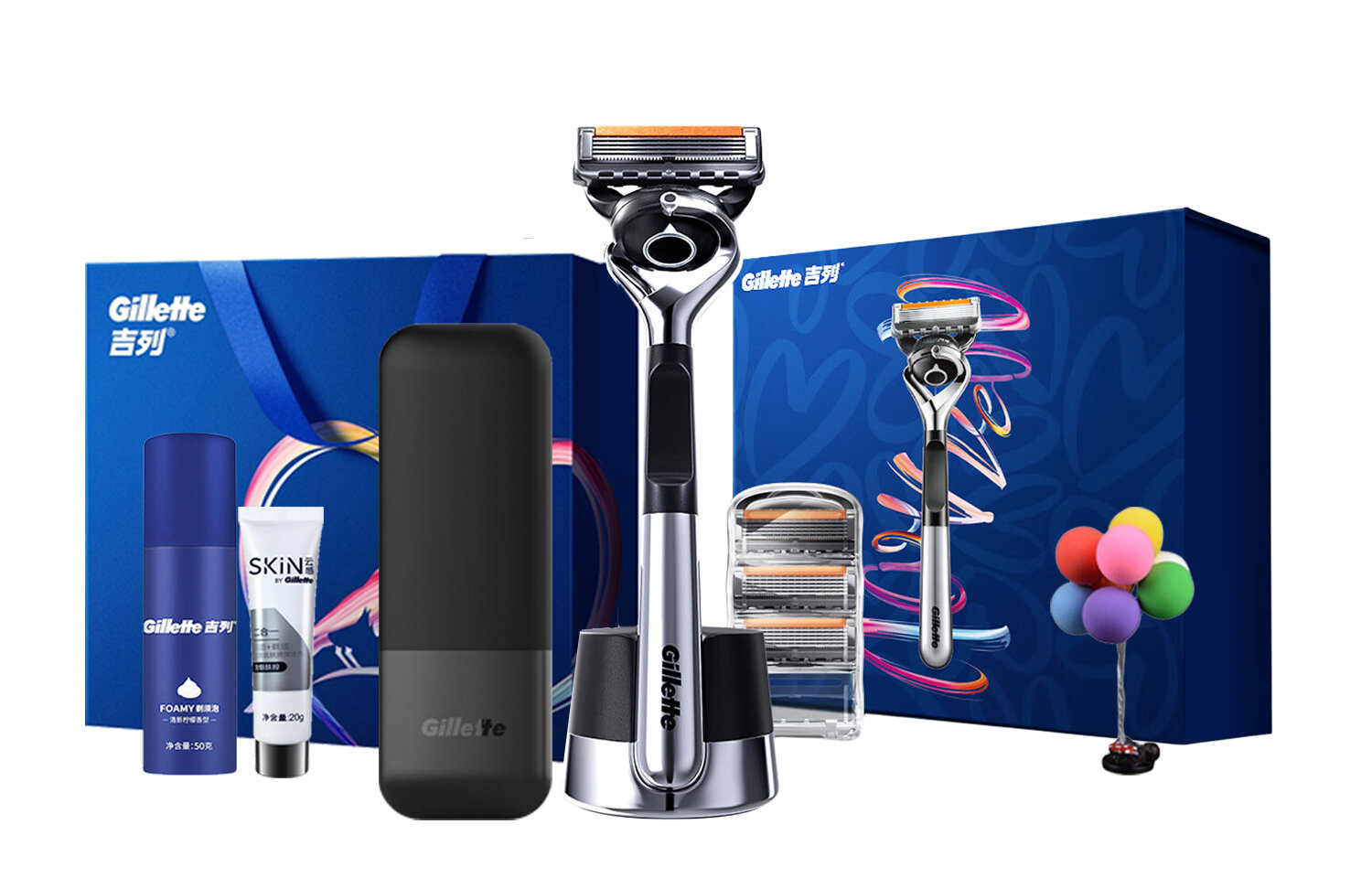 Набор для бритья мужской Gillette с 1 бритвой и 4 сменными кассетами 13500485, Magnetic Box with 4 Blade Head Love Gift (Includes Black-Gray Box+Cleanser+Confession Balloon)