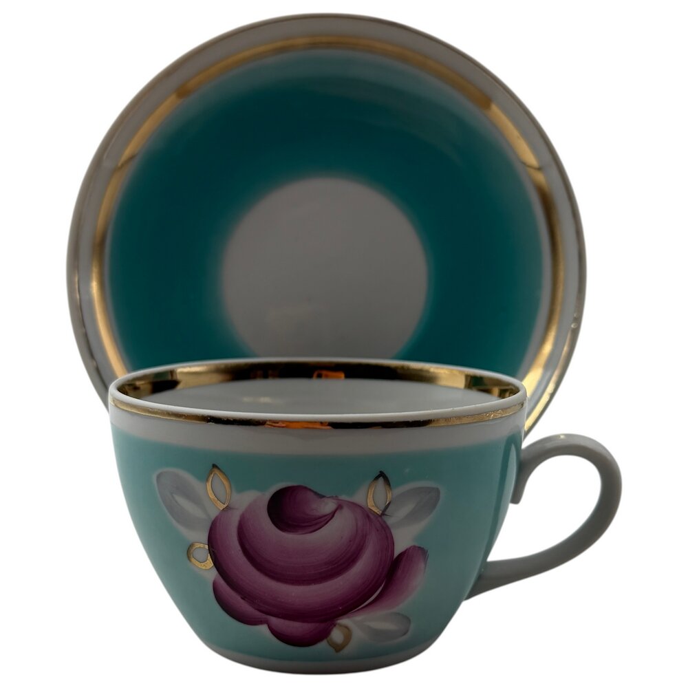 Чайная пара "Роза", 200 мл, ручная роспись, 1980-1991 гг, Полонский ФЗ, СССР