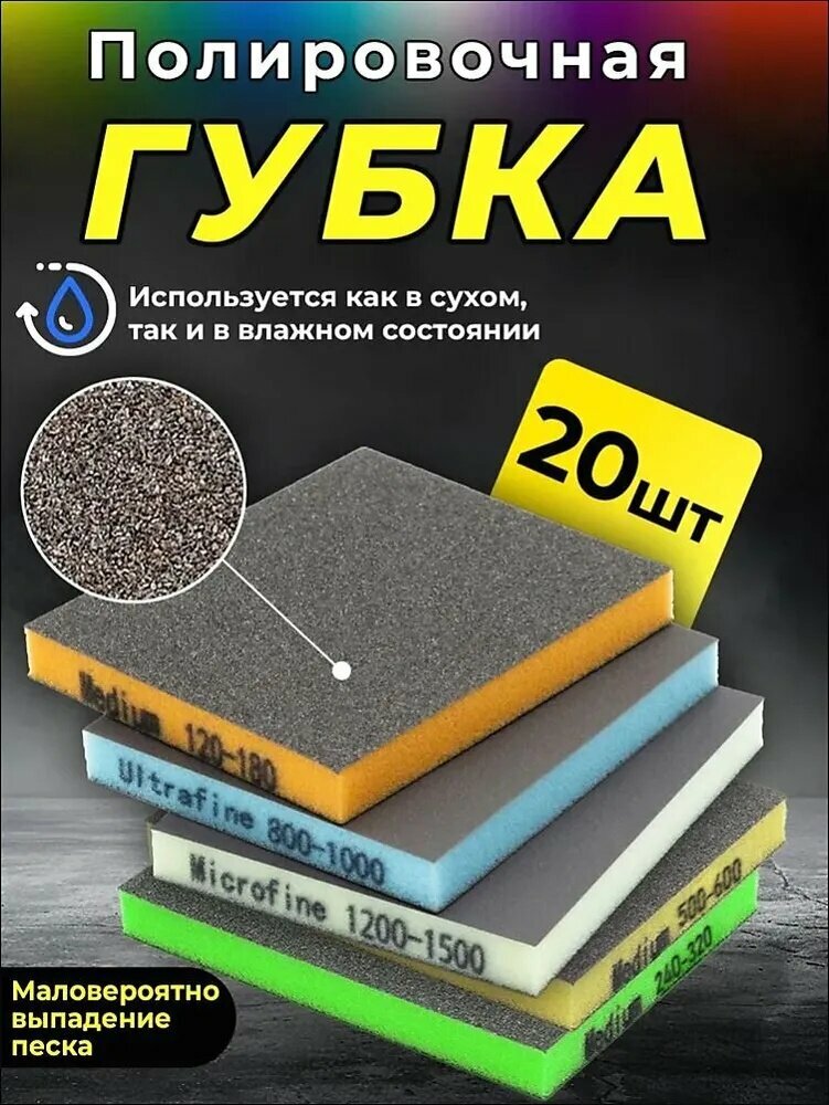 Губка абразивная SIA двухсторонняя Siasponge, комплект, 5 градации, 20 шт.