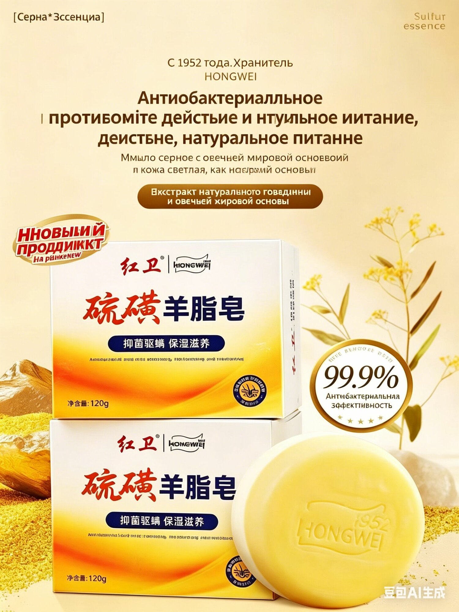 Серное мыло с овечьим жиром, 120 г, антибактериальное, увлажняющее, для проблемной кожи