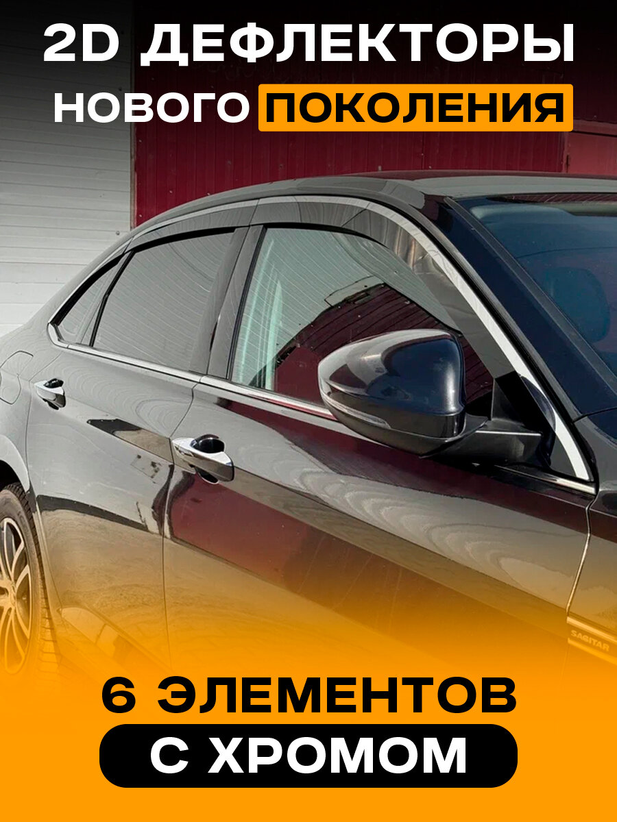 Дефлекторы на Volkswagen Sagitar (Фольксваген Сагитар 3) 2019-2026, 2D ветровики на окна автомобиля, с хром молдингом