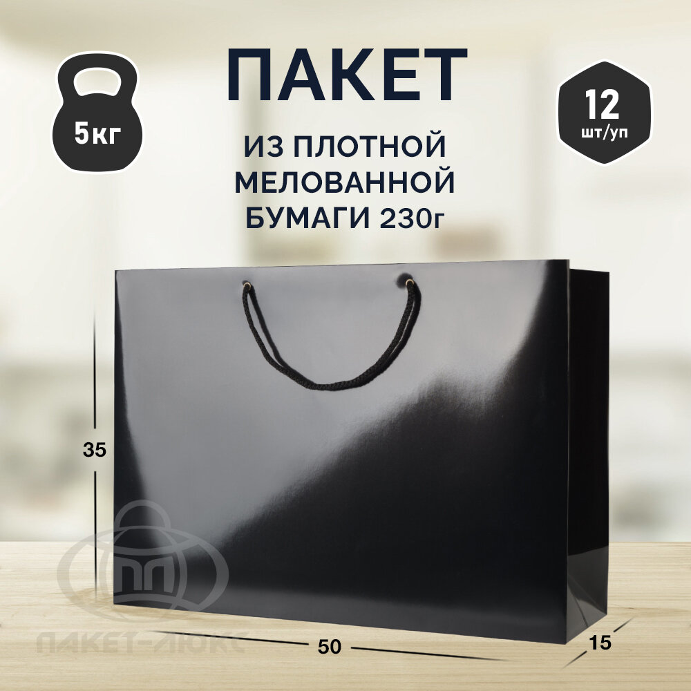 Пакет бумажный подарочный, упаковка 12 штук, размер 50*35*15 см, глянцевый, черный ВИП, матовый, ручки - шнур с люверсами