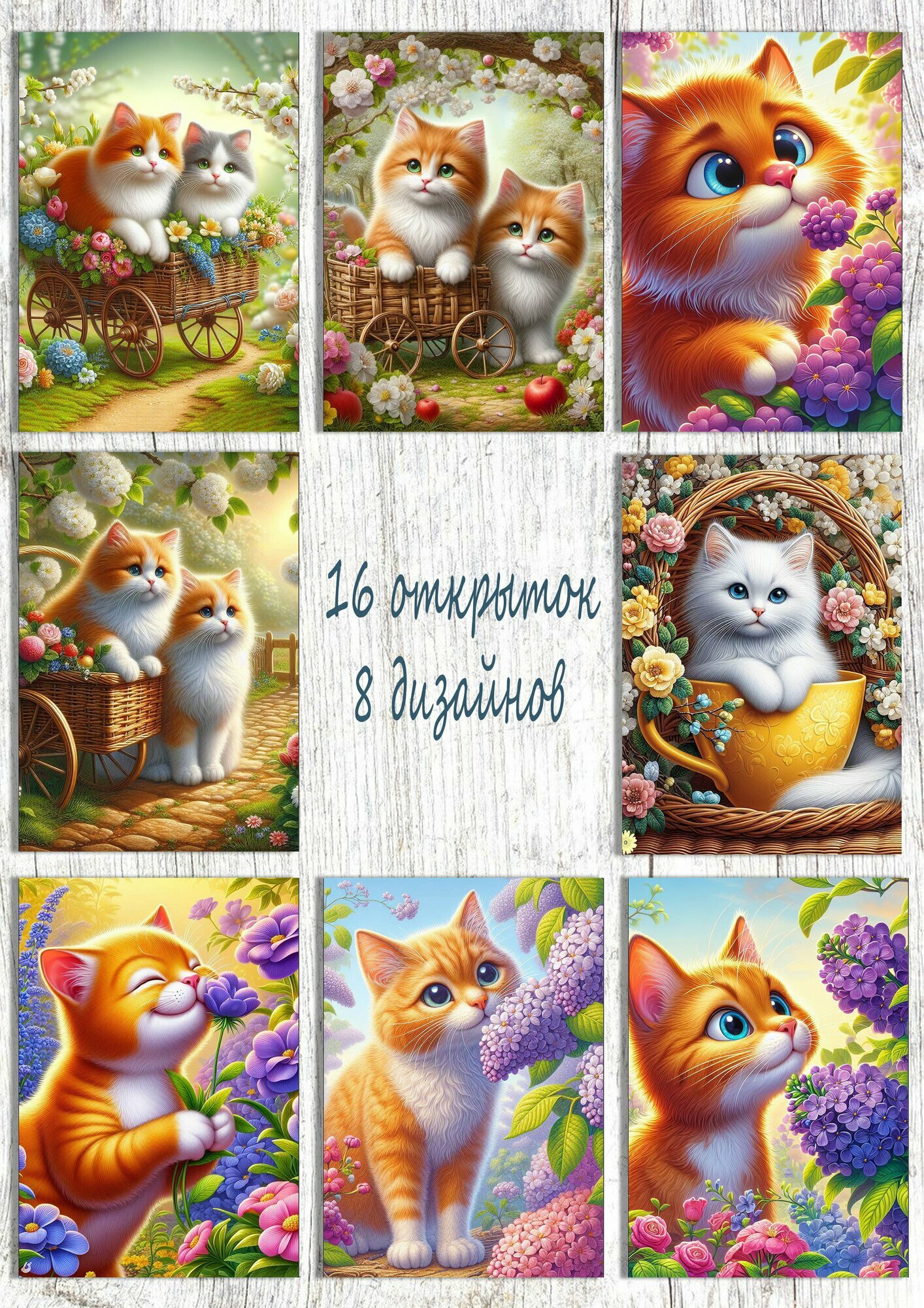 Открытки Котики, 16 штук