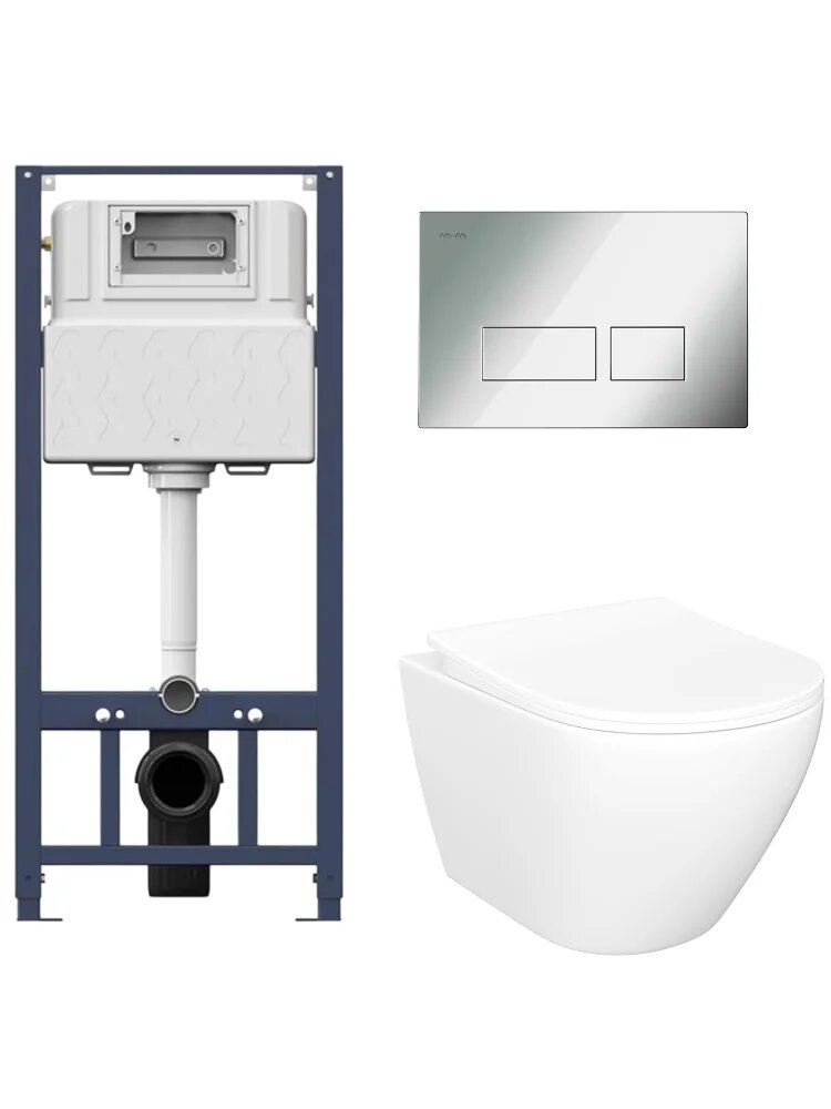 Комплект 4 в 1: Инсталляция AM.PM Pro I012704 / Унитаз подвесной STWORKI Кронборг S28401WH безободковый, с микролифтом / Кнопка Pro S I047051, глянцевый хром, Комплект шумоизоляции