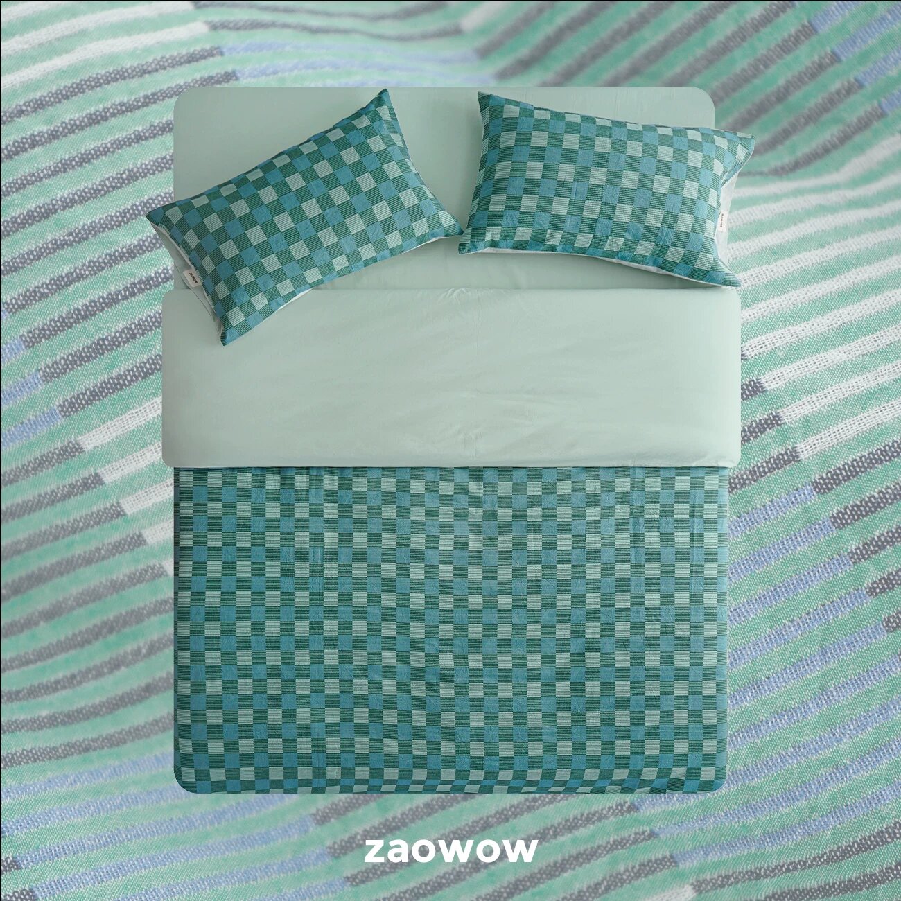 Zaowow [Marseille Green Check] Комплект из четырех предметов из 100% хлопка с жаккардовым узором в ретро-стиле, в