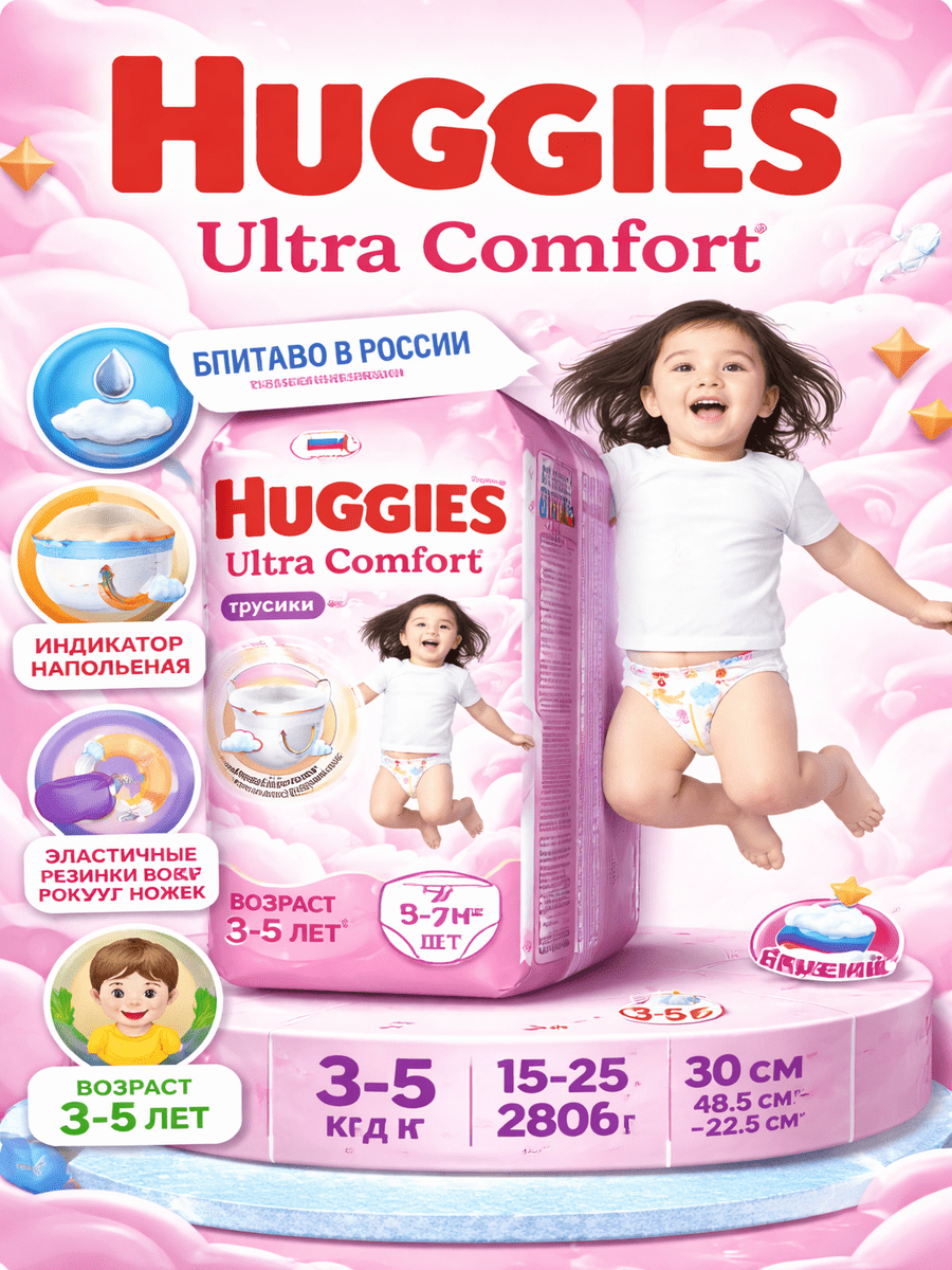 Подгузники-трусики Huggies Ultra Comfort для девочек №6 15-25кг, 76шт