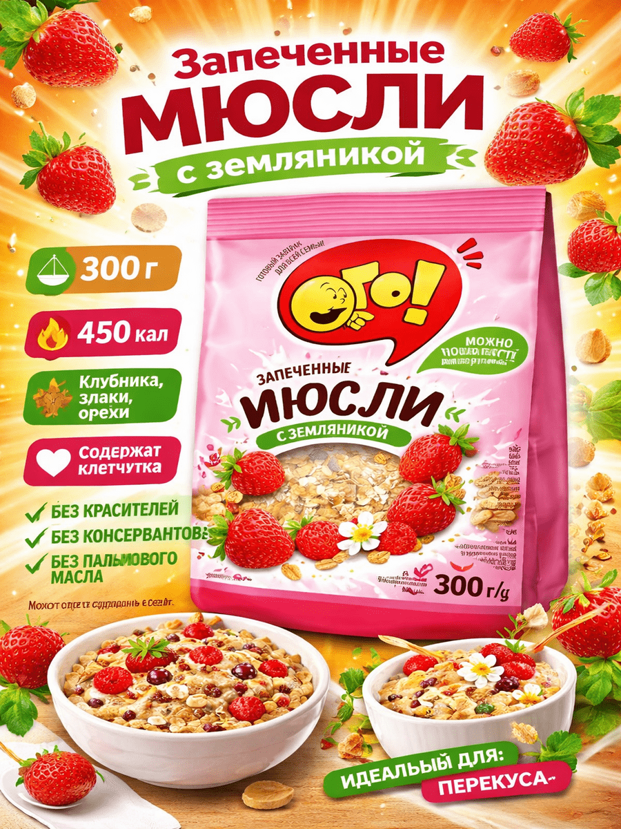 Мюсли Ого! запеченные с земляникой, 300г