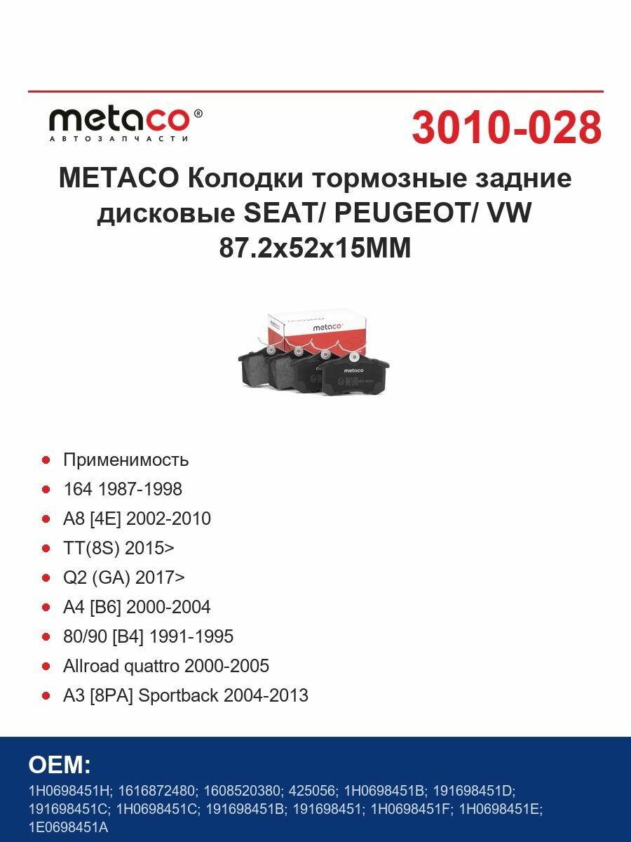 METACO Колодки тормозные задние дисковые SEAT/ PEUGEOT/ VW 87.2x52x15ММ