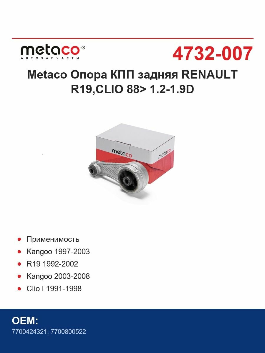 Metaco Опора КПП задняя RENAULT R19, CLIO 88> 1.2-1.9D