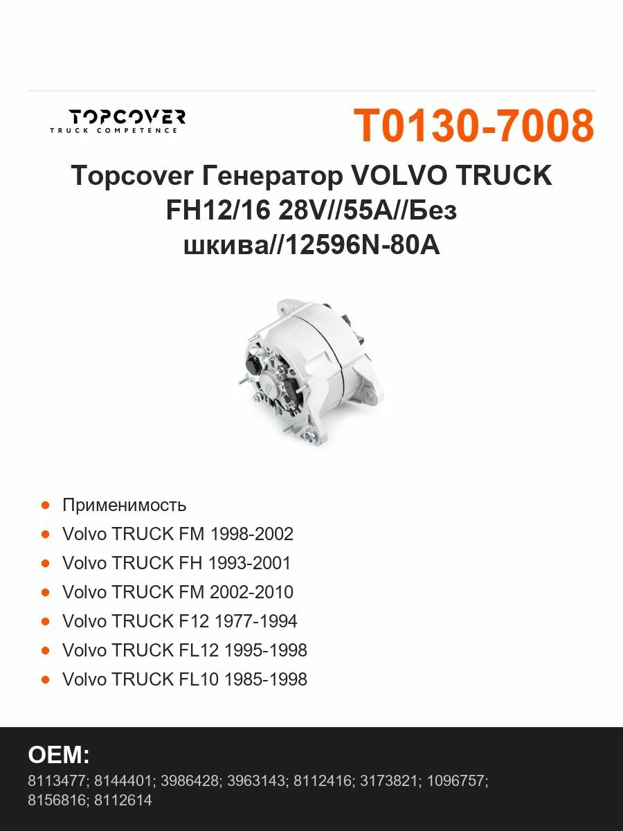 Topcover Генератор VOLVO TRUCK FH12/16 28V//55A//Без шкива//12596N-80А