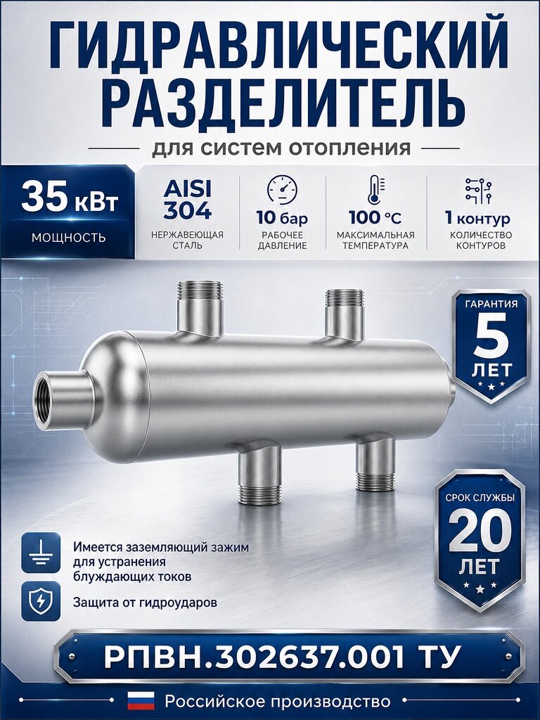 Гидравлический разделитель (нержавеющая сталь AISI 304) 35кВт