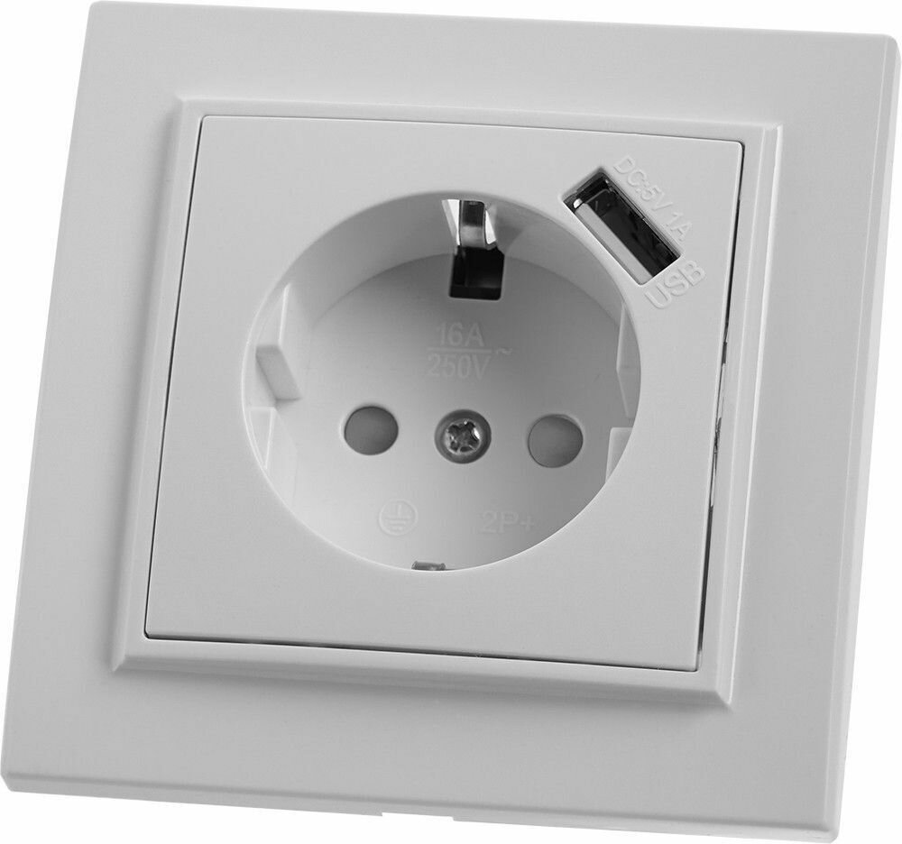 Розетка 1-местная с/з STEKKER, PST16-9011-01, 250В, 16А с защитной шторкой и с USB, серия Эрна, белый, 39051