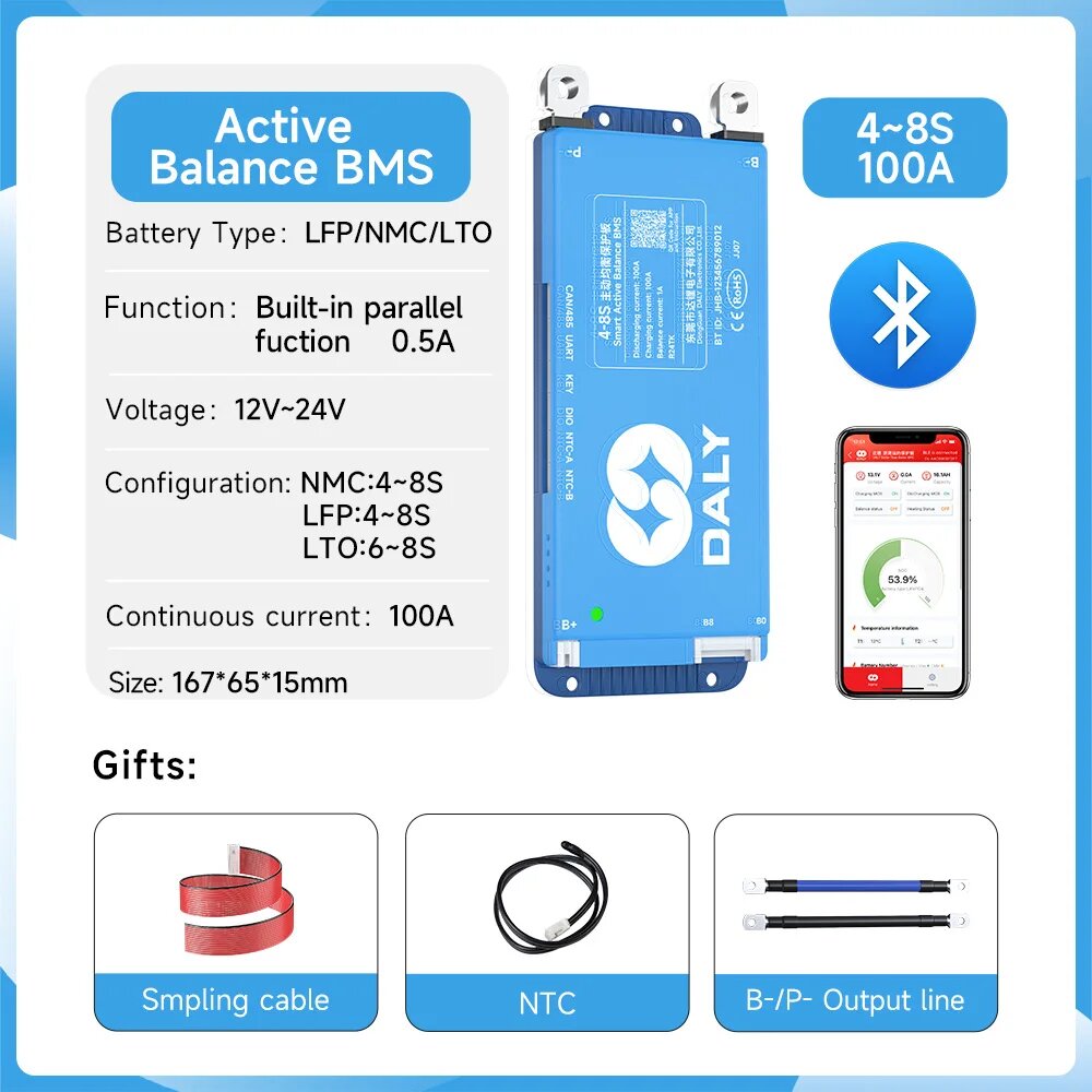 DALY BMS 12V/24V для LiFePO4 аккумуляторов 4-8S 100A BT BMS