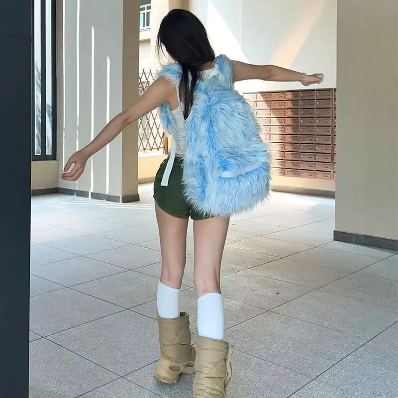 Kawaii синий плюшевый рюкзак женский Harajuku эстетический корейский модный простой рюкзак для студентов уличная одежда