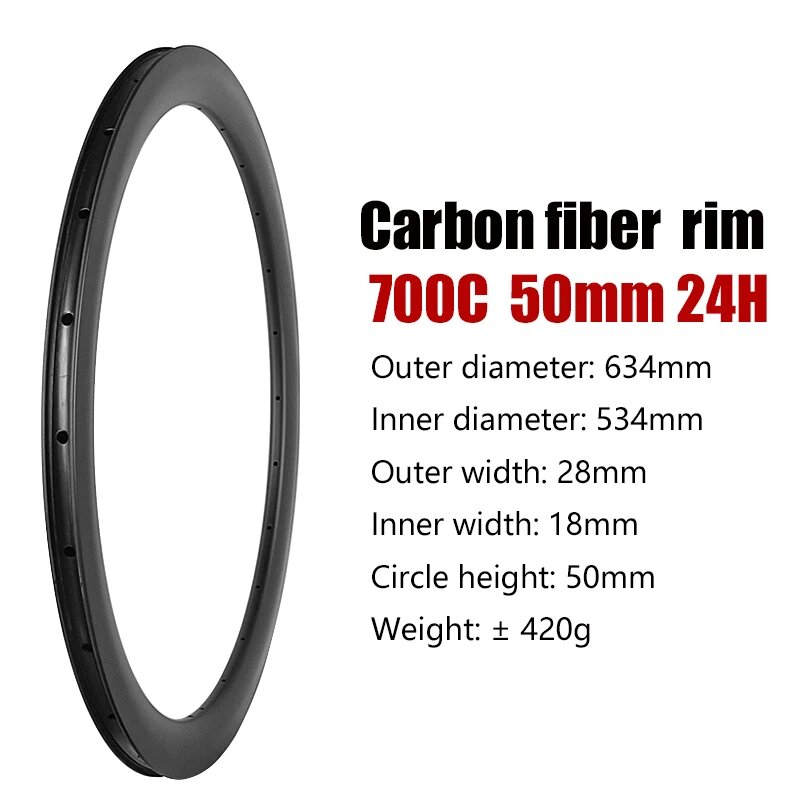 Карбоновый обод 700C 50mm 24H, черный, 50-18mm
