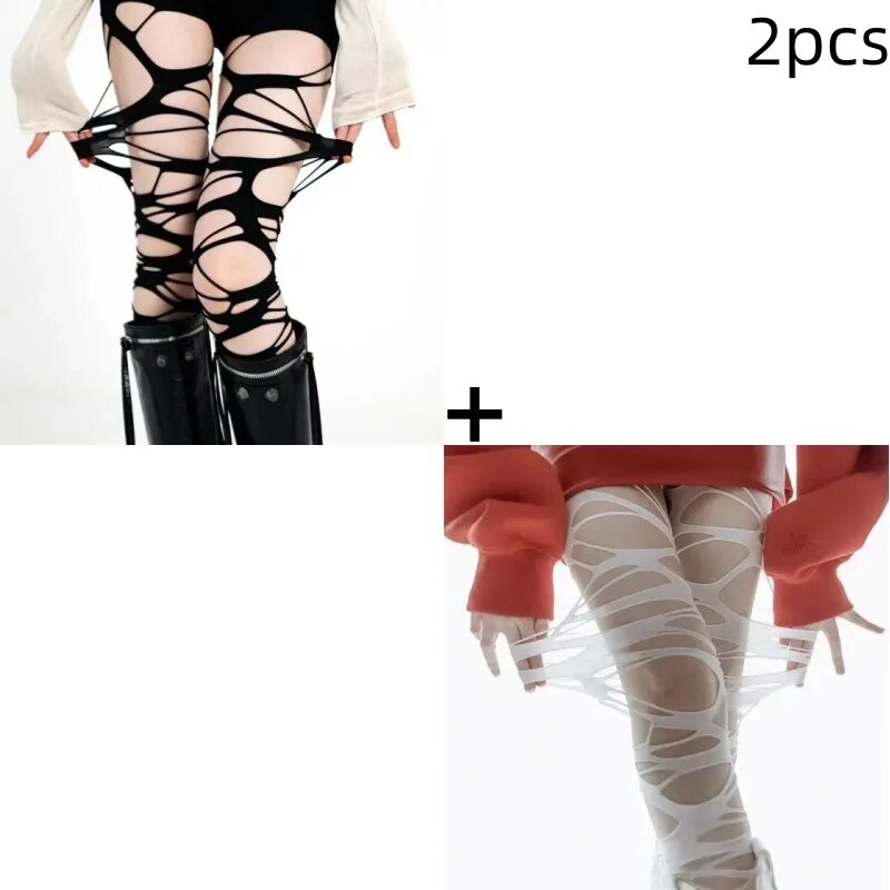 Черные рваные колготки-сетка 2pcs