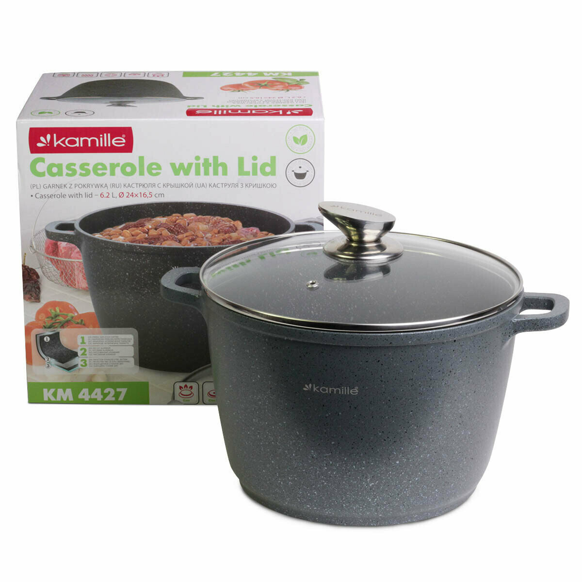 Кастрюля 24*16,5cm из литого алюминия с антипригарным покрытием гранит и стеклянной крышкой Kamille KM-4427