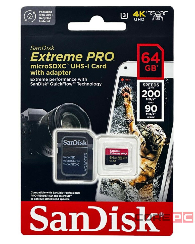 Micro SDXC карта памяти SanDisk 64GB Class10 Extreme Pro A2 V30 UHS-I U3 (200 Mb/s) + SD адаптер