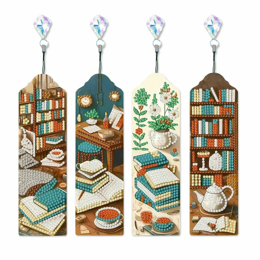 Набор алмазной мозаики-закладок 4 шт, серия Книжный шкаф и стол , с цветными подвесками. Ручная работа. Подарок для книголюбов.