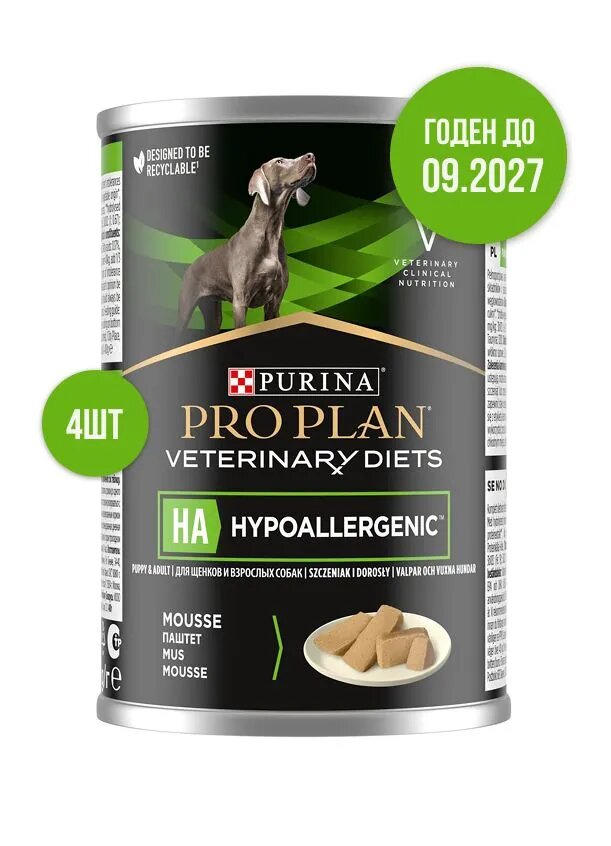 Влажный корм для собак Pro Plan Veterinary Diets Hypoallergenic при пищевой непереносимости 400 г 4шт