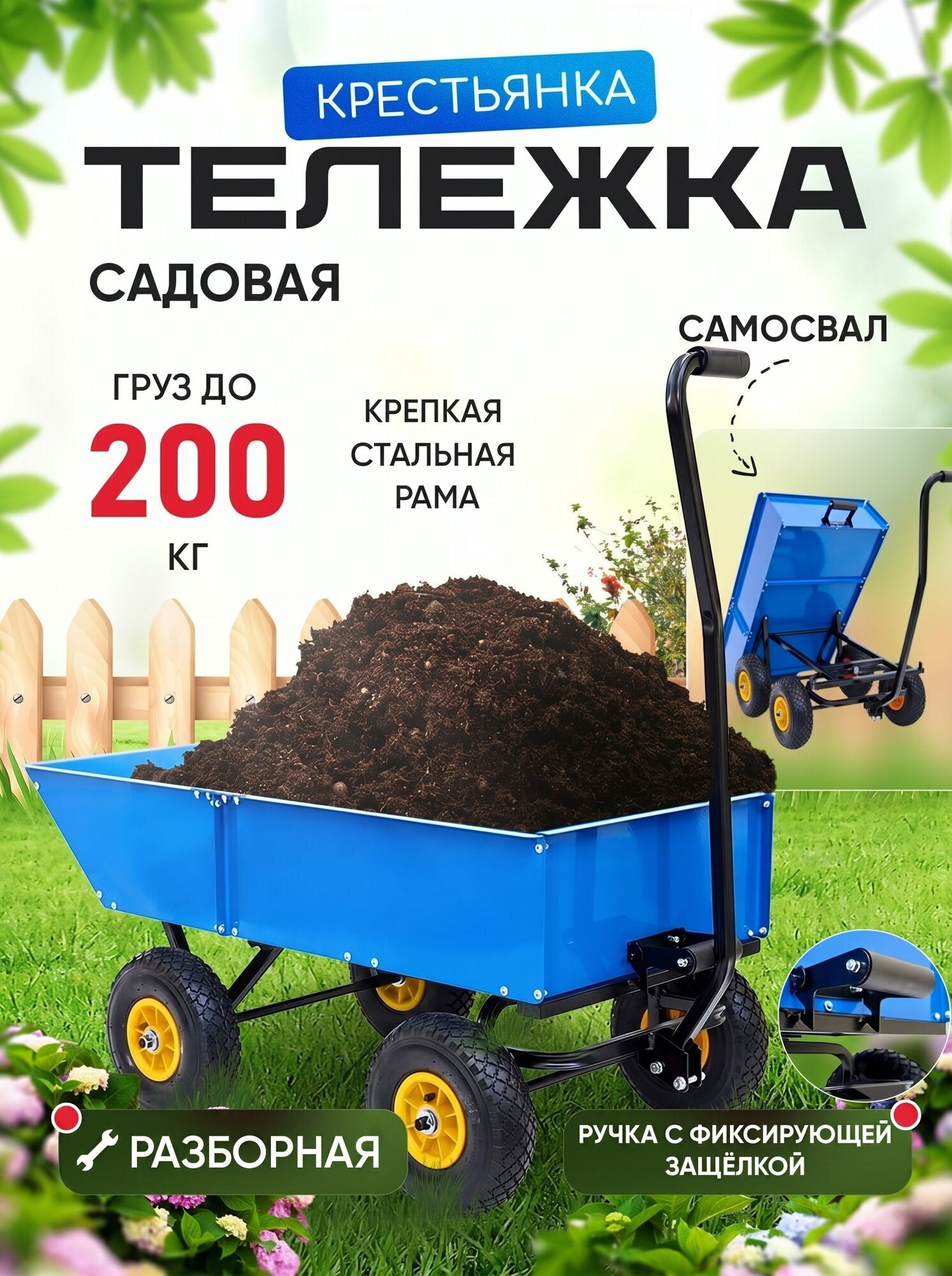 Тачка садовая Helicon Крестьянка, тележка с подкатными колёсами, для дачи, 200 кг, 77 л