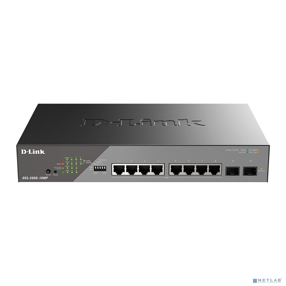 D-Link DSS-200G-10MP/A1A Настраиваемый L2 коммутатор с 8 портами 10/100/1000Base-T и 2 портами 1000Base-X SFP (8 портов PoE 802.3af/at, PoE-бюджет 130 Вт, дальность до 250 м)