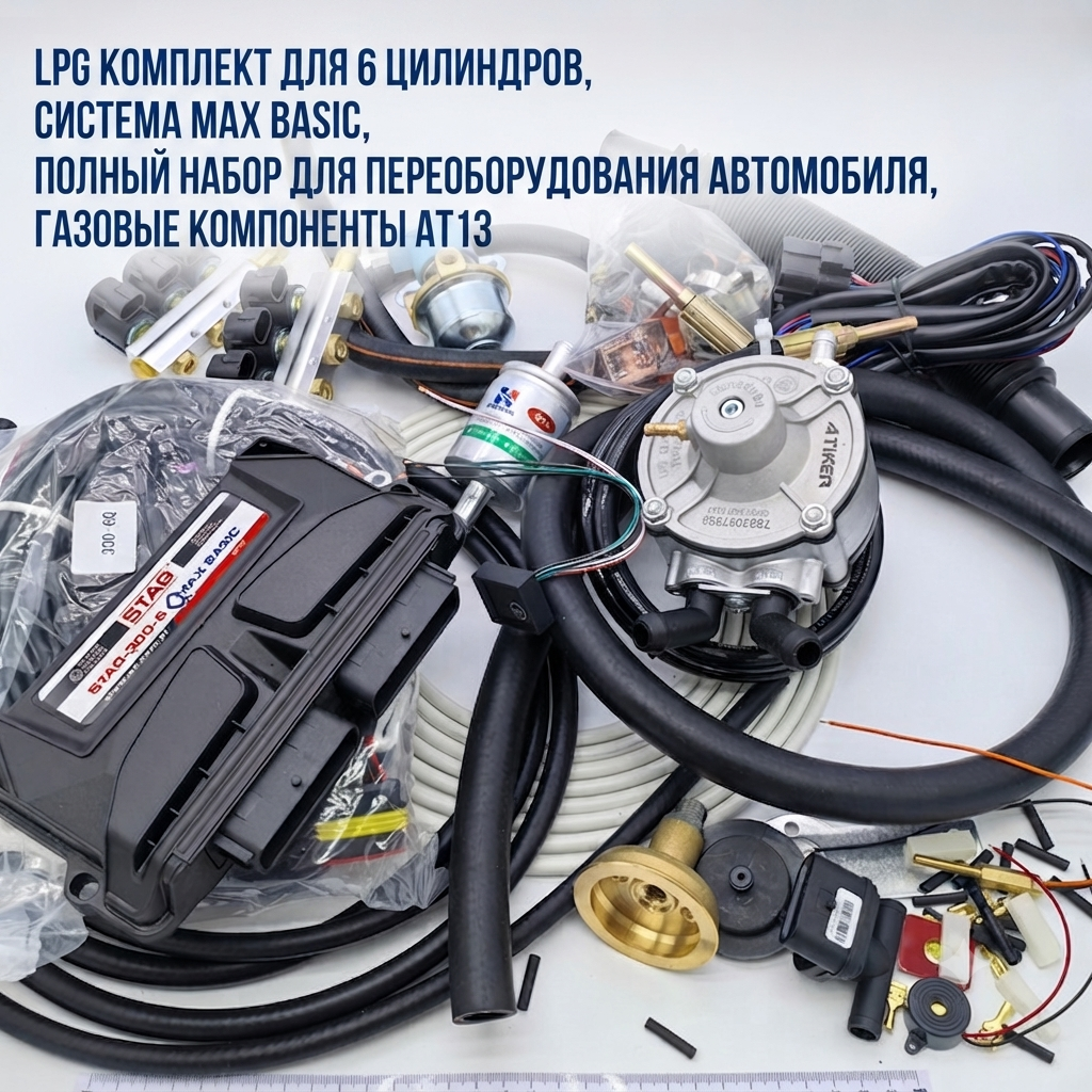 Комплект для переоборудования автомобиля на сжиженный газ (LPG) под природный газ: базовый 6-цилиндровый комплект LPG MAX, отдельные газовые компоненты AT13.