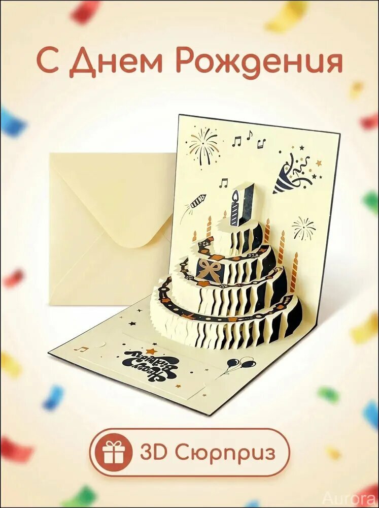 Открытка с днём рождения 3D / Объемная поздравительная открытка-торт Happy Birthday