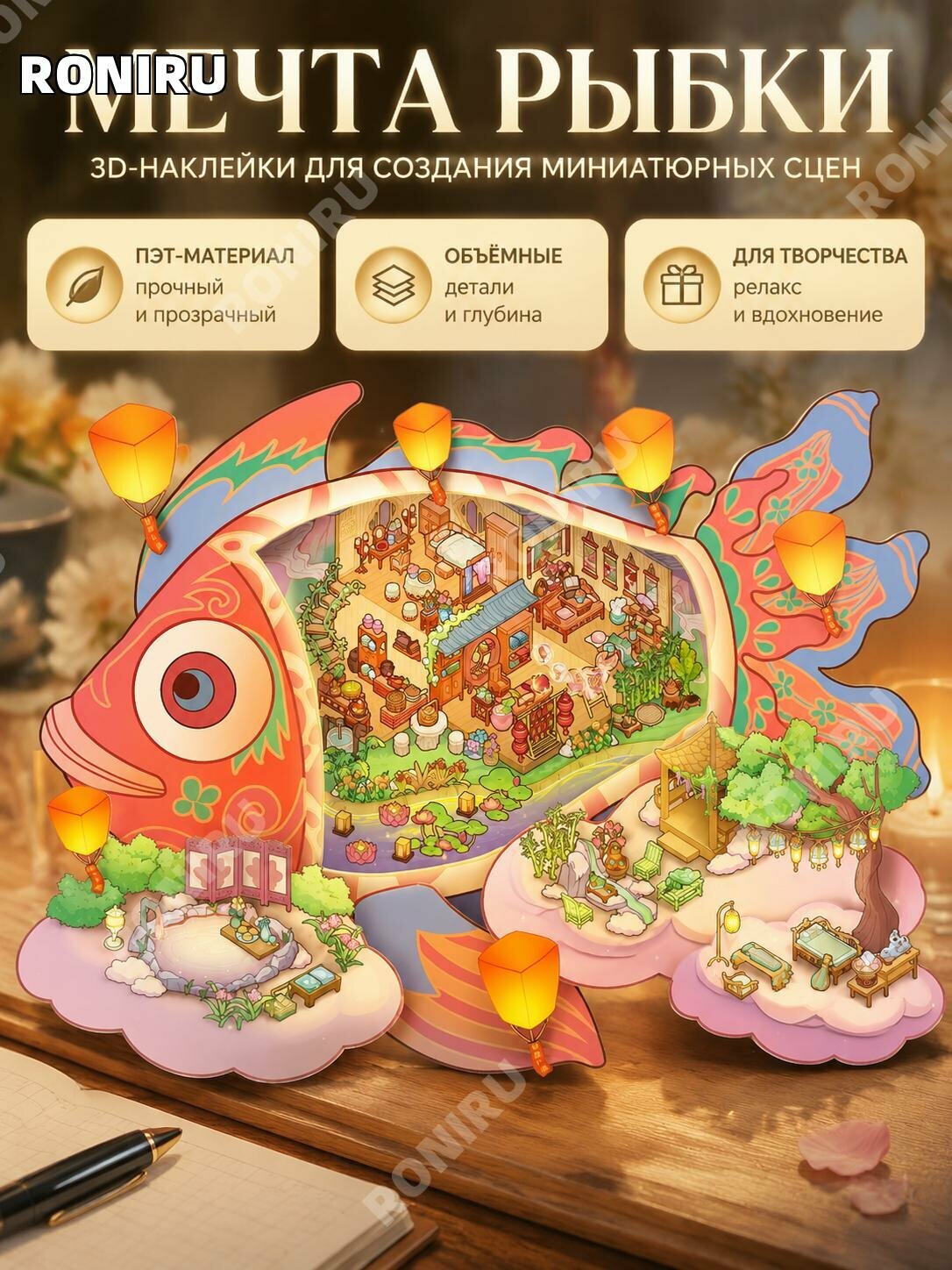 3D наклейки из PET для скрапбукинга, ламинированные, Рыба желаний